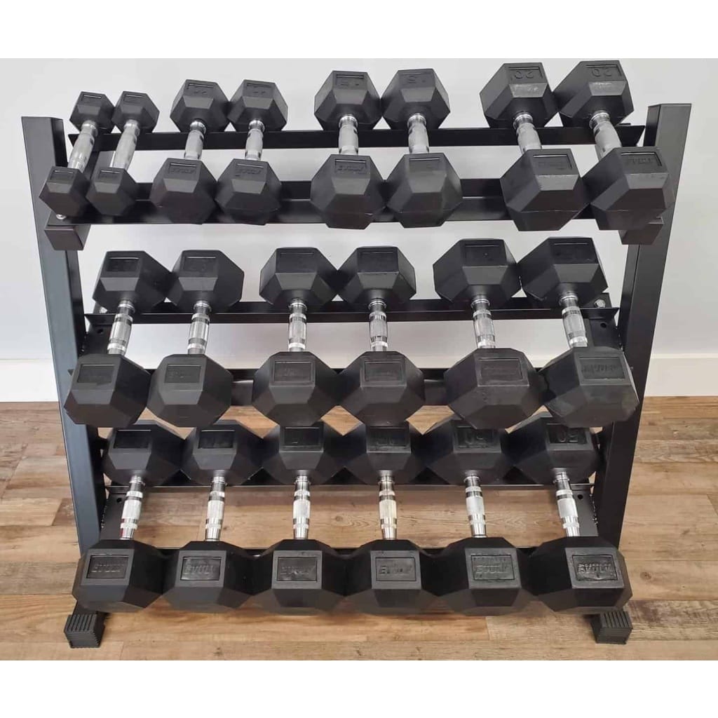*NEW* Evulv Rubber Hex Dumbbell Set 5-50lb And 3-Tier Dumbbell Rack ...